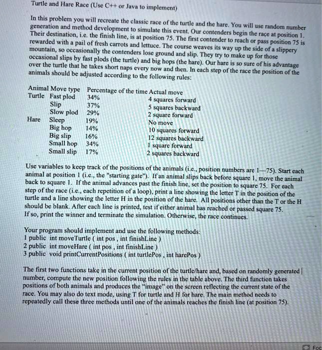 SOLVED: Turtle and Hare Race (Use C++ or Java to implement) In this ...
