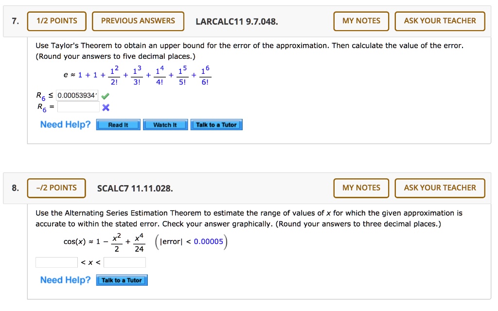 Solved 1 2 Points Previous Answers Larcalc11 9 7 048 My Notes Ask Your Teacher Use Taylor S