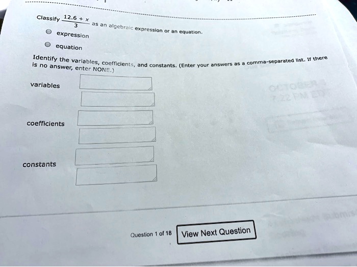 classify 126 algebraic expression eonadn expression equation identify ...