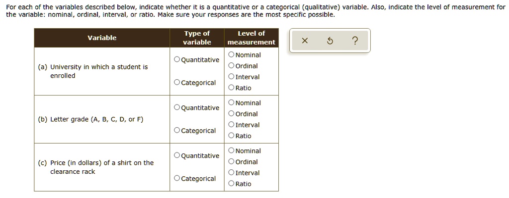 SOLVED: For each of the variables described below, indicate whether it is quantitative or ...