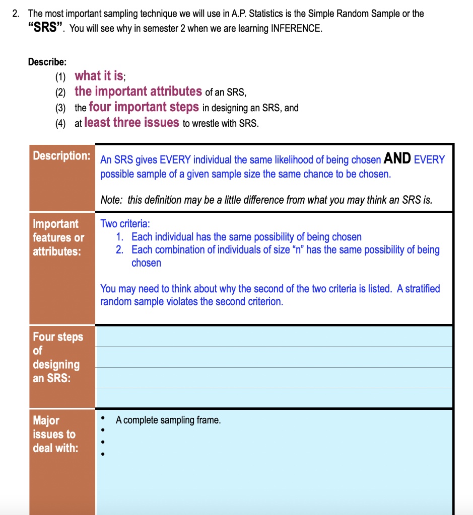 2. The most important sampling technique we will use in A.P. Statistics ...