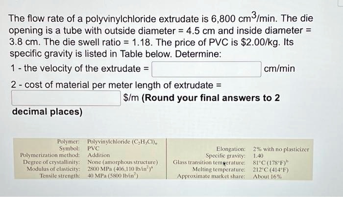 The flow rate of a polyvinylchloride extrudate is 6,800 cm³/min. The ...