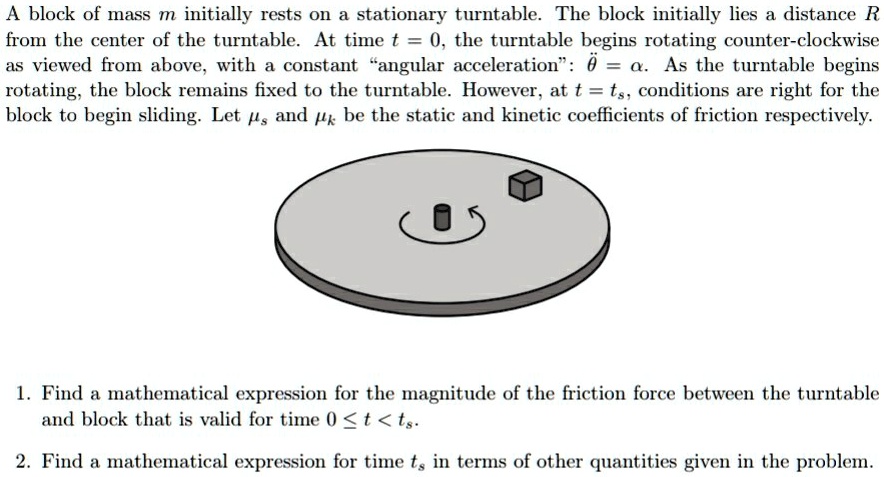 SOLVED: A block of mass m initially rests on a stationary turntable. The block initially lies a ...