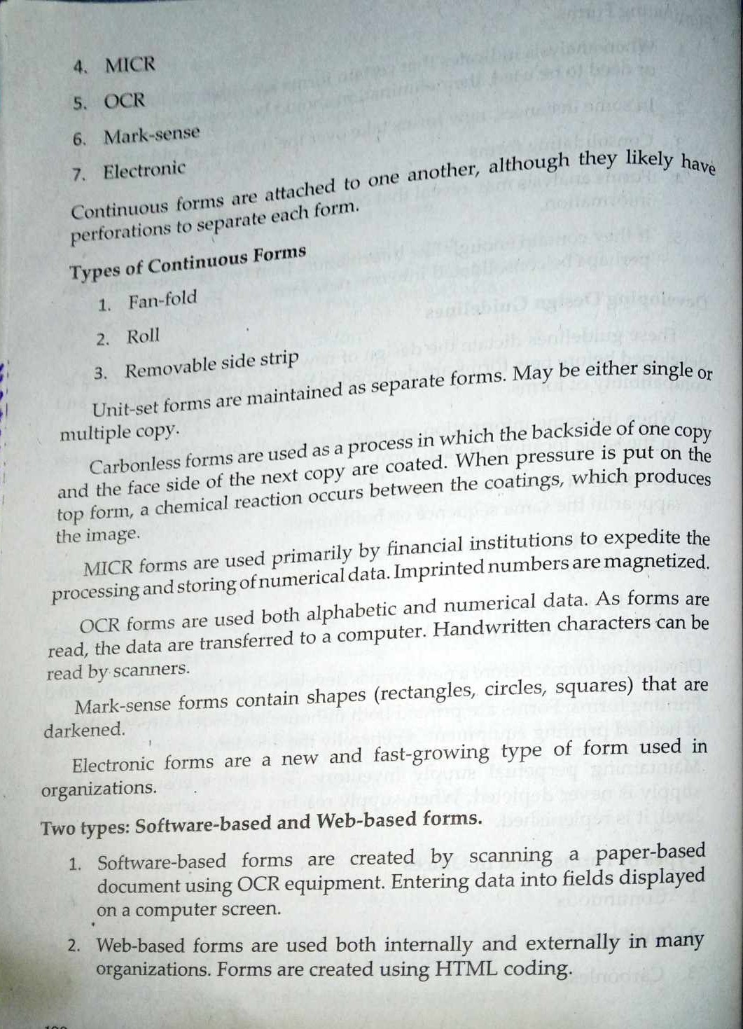 4. MICR 5. OCR 6. Mark-sense 7. Electronic Continuous forms are ...