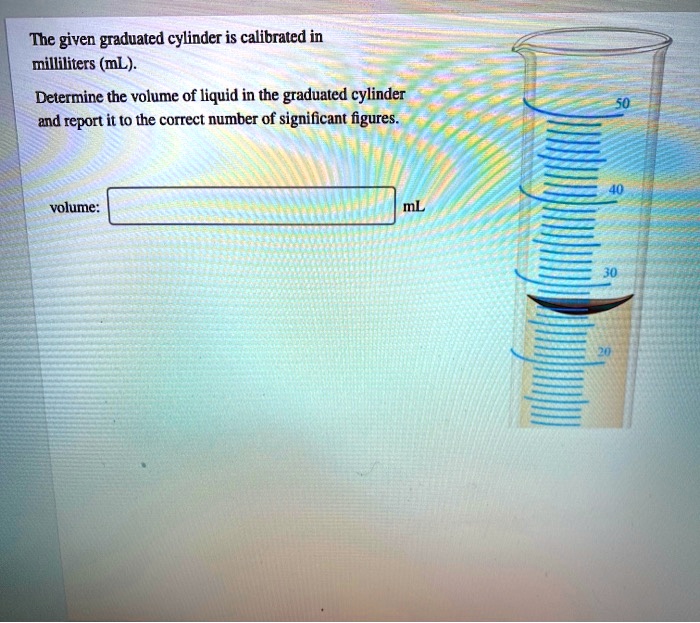 SOLVED: The given graduated cylinder is calibrated in milliliters (mL ...