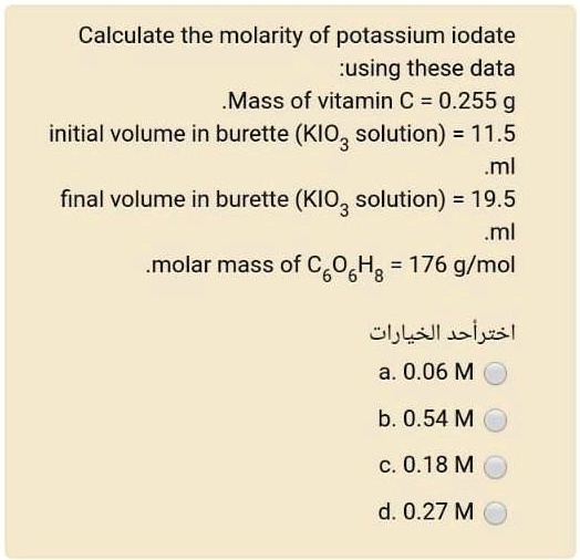 SOLVED: Calculate the molarity of potassium iodate using these data ...