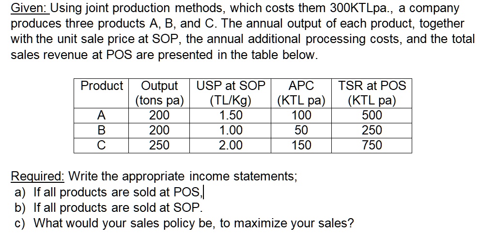 SOLVED: Given: Using joint production methods, which costs them 300KTLpa., a company produces ...