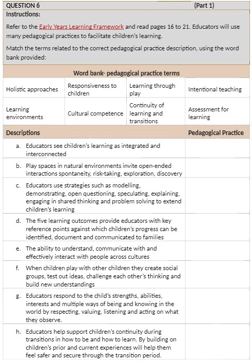 SOLVED: QUESTION Instructions: (Part 1) Refer to the Early Years Learning Framework and read ...