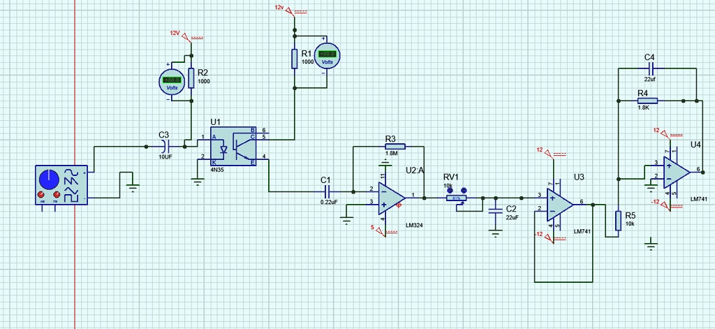 U1 R1 1000 4N35 C1 0.22uF R3 U2:A RV1 10k U3 C2 22uF LM324 LM741 R4 U4 ...