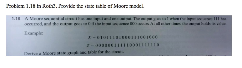 SOLVED: Problem 1.18 in Roth3: Provide the state table of a Moore model ...