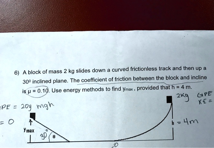 SOLVED:A block of mass 2 kg slides down curved frictionless track and then up a 300 inclined ...