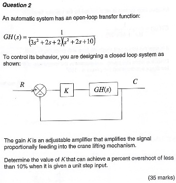 Question 2 An automatic system has an open-loop transfer function: GH(s ...
