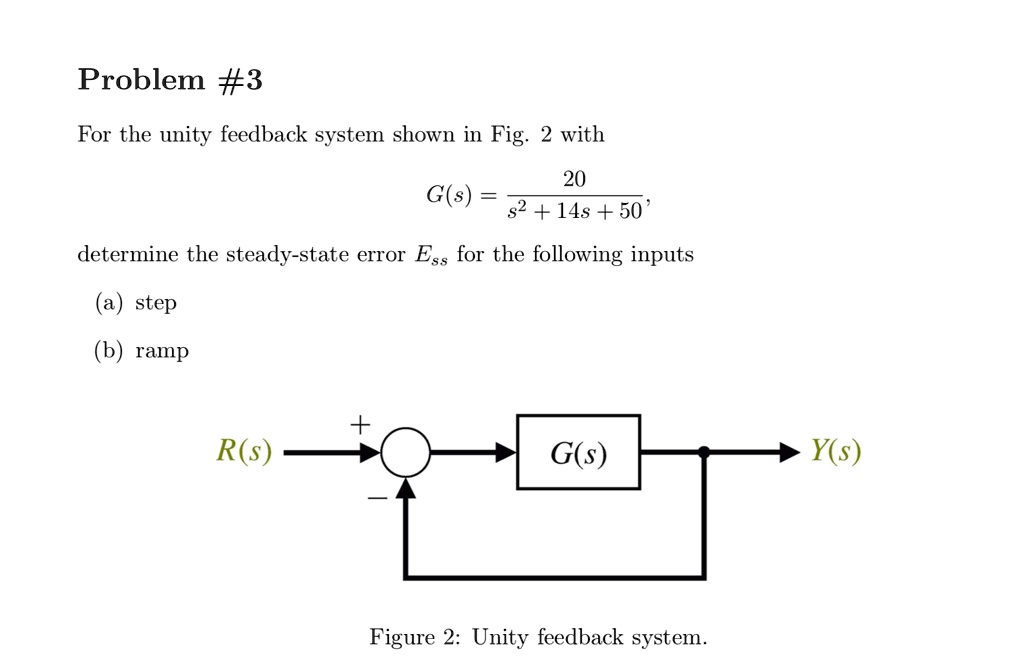 Problem #3 For the unity feedback system shown in Fig. 2 with G(s) = (20)/(s^2 + 14s + 50 ...