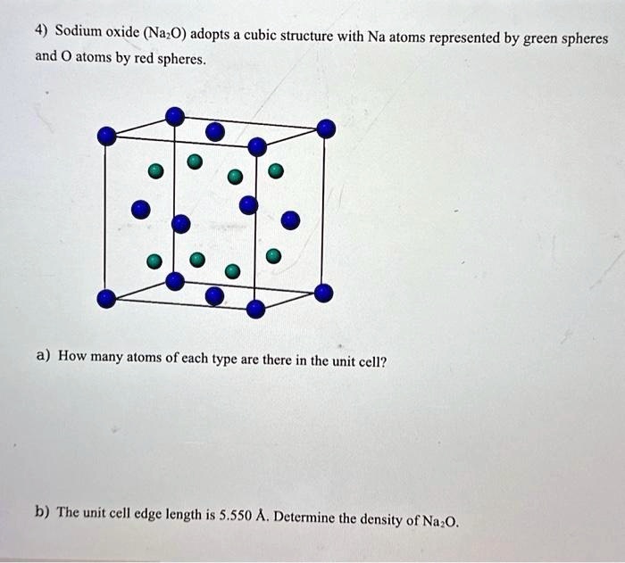 SOLVED: Texts: 4 Sodium oxide (NaO) adopts a cubic structure with Na ...