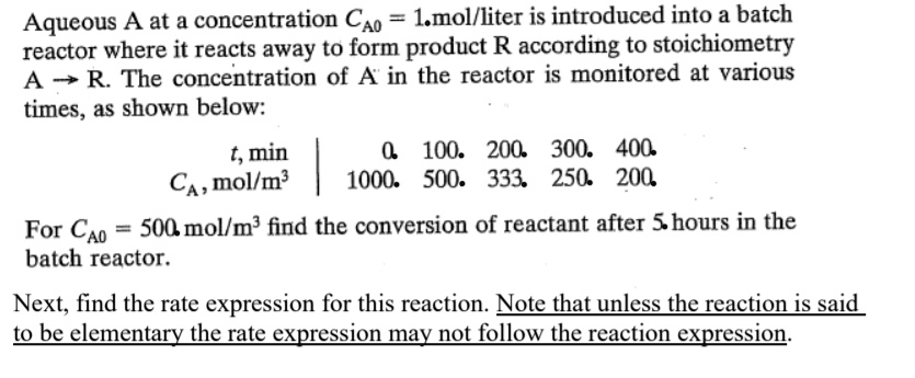 SOLVED: Aqueous A at a concentration Cao = 1 mol/liter is introduced into a batch reactor where ...