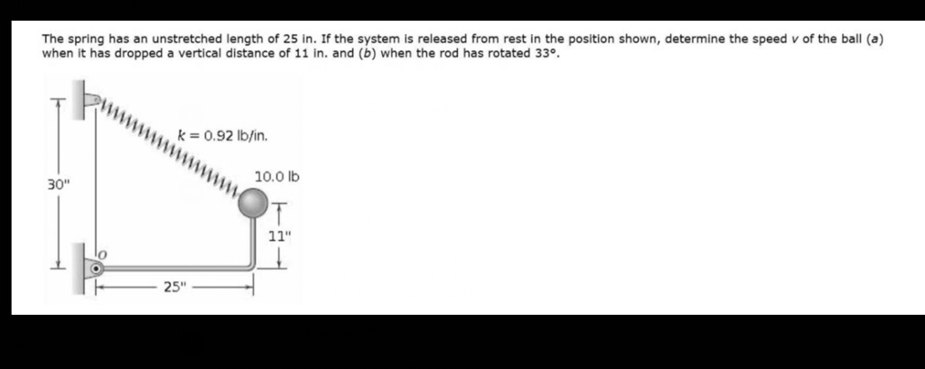 SOLVED: The spring has an unstretched length of 25 in. If the system is released from rest in ...