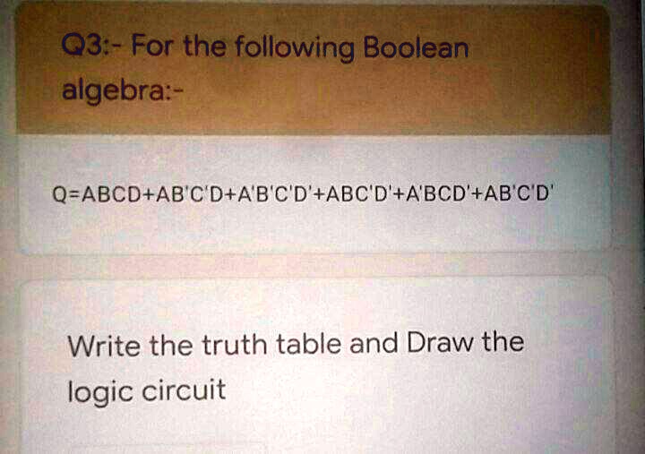 Q3:- For the following Boolean algebra:- Q=ABCD+AB'C'D+A'B'C'D'+ABC'D'+A'BCD'+AB'C'D' Write the ...
