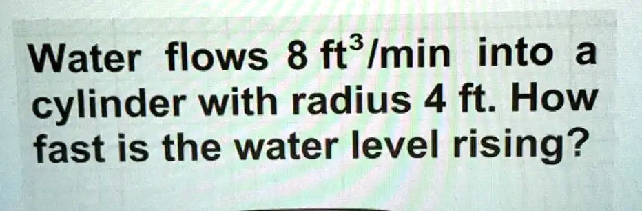 SOLVED: Water flows 8 ft? Imin into a cylinder with radius 4 ft: How ...