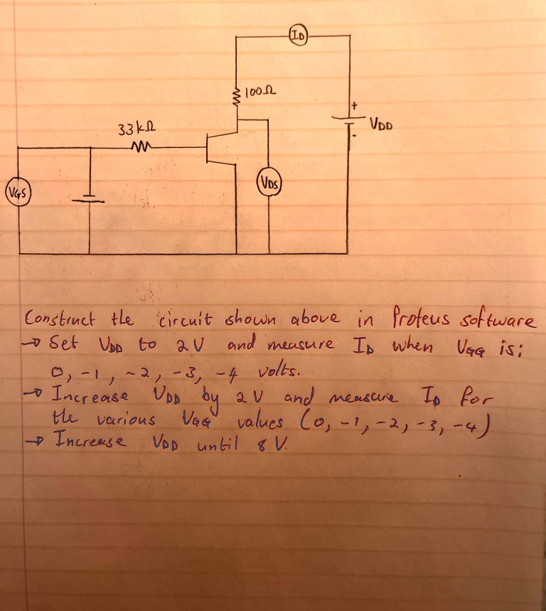 SOLVED: Please simulate the circuit on Proteus Simulation software. ID: 21001 33kΩ M VDD VGS VDS ...