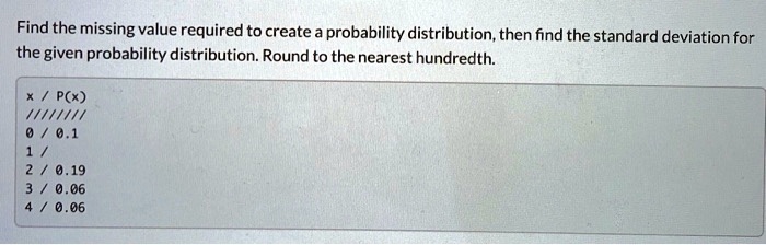 find the missing value required to create probability distribution then find the standard ...