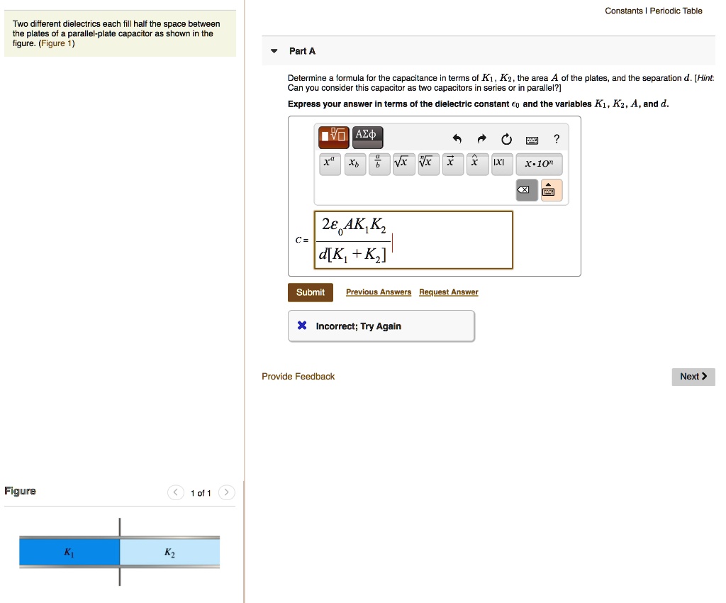 Two different dielectrics each fill half the space between two parallel ...