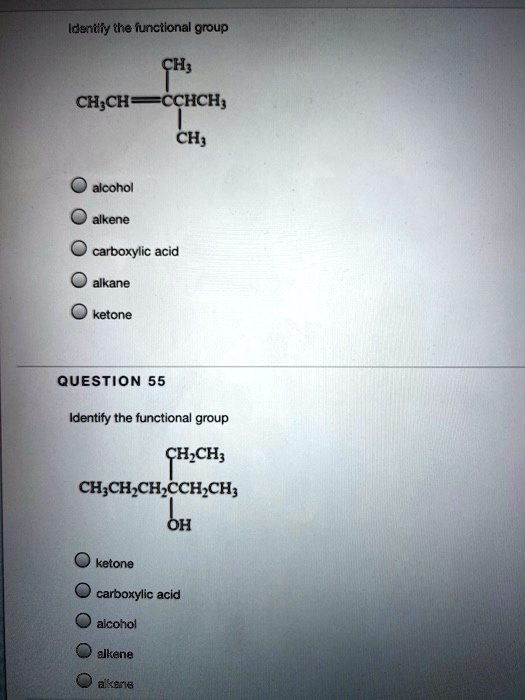 SOLVED:Identy the iunctional group CH; CH;CH= CCHCH; CH; alcohol alkene ... SOLVED:Identy the iunctional group CH; CH;CH= CCHCH; CH; alcohol alkene ...