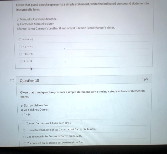 SOLVED: Given that p and each represents a simple statement, write the indicated compound ...