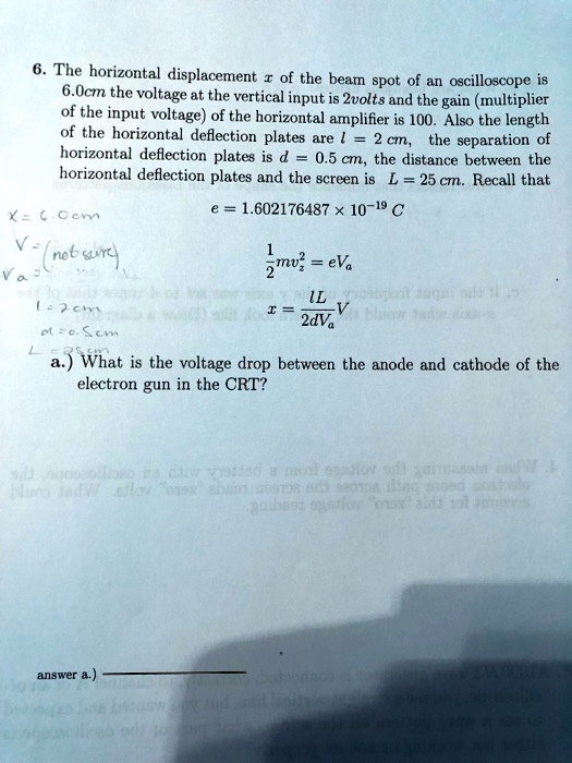 the horizontal displacement of the beam spot of oscilloscope is 6ocm ...