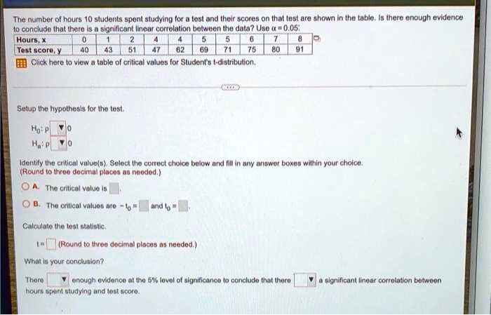 SOLVED: The number of hours 10 students spent studying for a test and ...