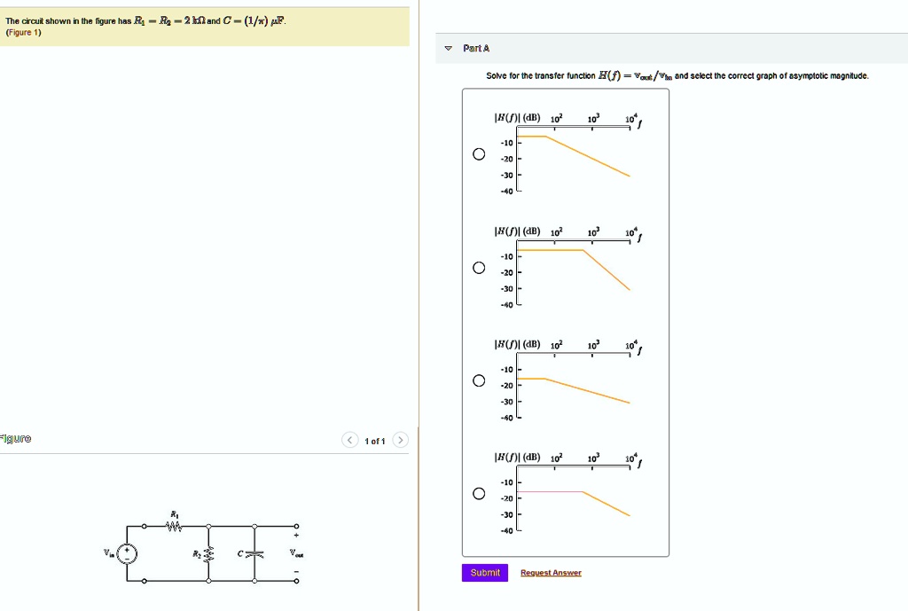 The circuit shown in the figure has R1 = R2 = 2 kΩ and C = (1/π) μ F. Part A Solve for the ...