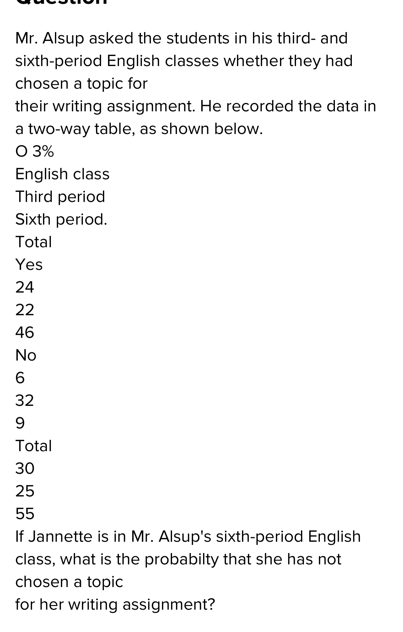 SOLVED: Mr. Alsup asked the students in his third- and sixth-period ...
