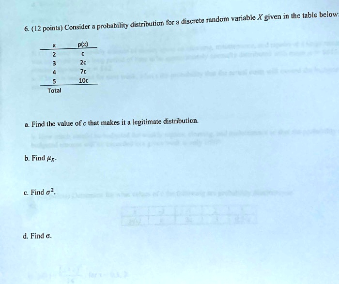 SOLVED: Random variable X given in the table below is a probability ...