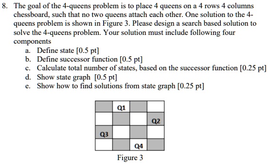 8. The goal of the 4-queens problem is to place 4 queens on a 4 rows 4 columns chessboard, such ...