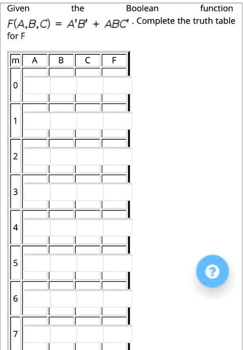 Given the Boolean function F(A,B,C) = A'B' + ABC'. Complete the truth table for F m A B C F 0 1 ...