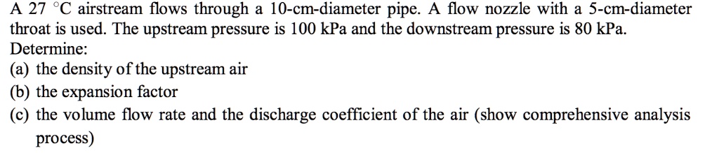A 27 °C airstream flows through a 10-cm-diameter pipe. A flow nozzle ...