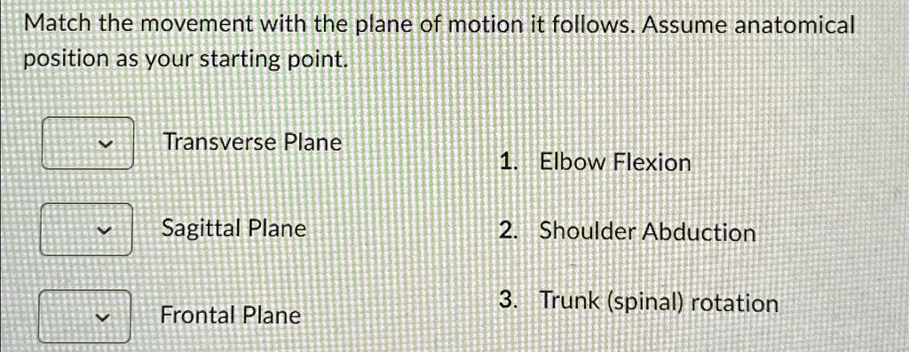 Match the movement with the plane of motion it follows. Assume ...