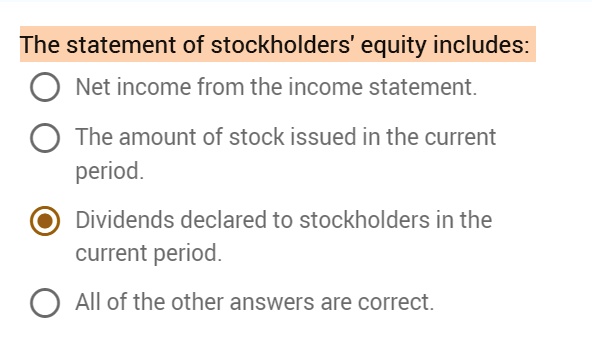 The statement of stockholders' equity includes: Net income from the ...