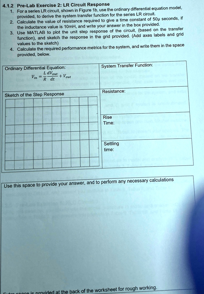 SOLVED: 4.1.2 Pre-Lab Exercise 2: LR Circuit Response For a series LR circuit, shown in Figure 1 ...