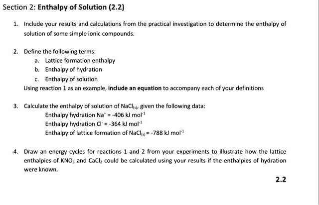 SOLVED: Section 2: Enthalpy of Solution (2.2) Include vour results and calculations from the ...
