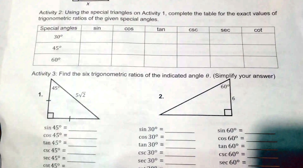 X Activity 2: Using the special triangles on Activity 1, complete the table for the exact values ...