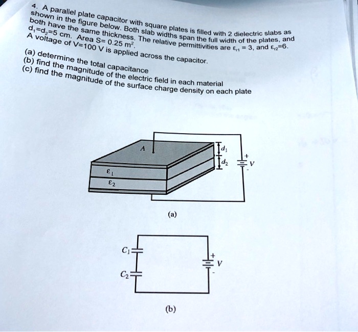 4. A parallel plate capacitor with square plates is filled with 2 ...