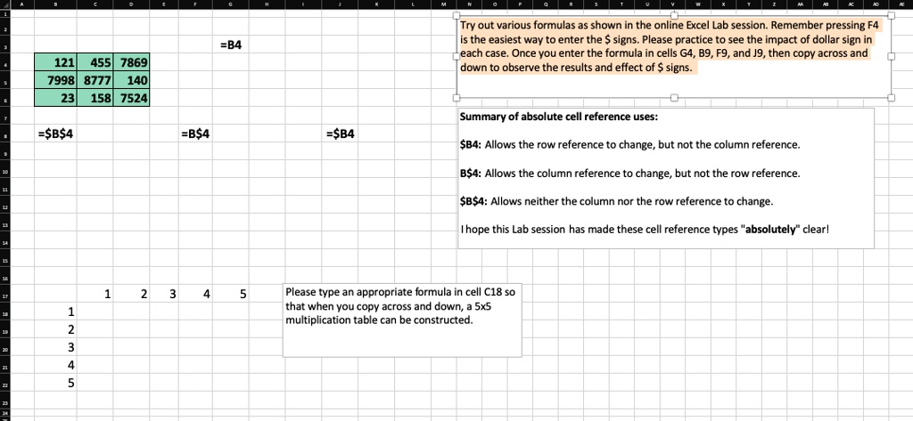 SOLVED: Try out various formulas as shown the online Excel Lab session ...