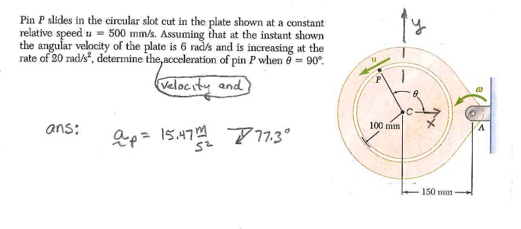 SOLVED: Pin P slides in the circular slot cut in the plate shown at a ...