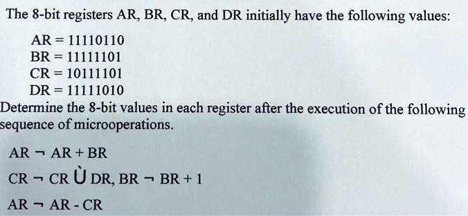 SOLVED: The 8-bit registers AR, BR, CR, and DR initially have the following values: AR ...