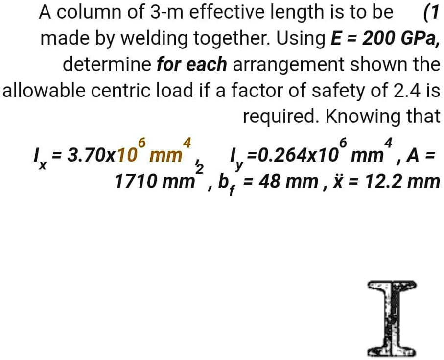 SOLVED: A column of 3-m effective length is to be made by welding together. Using E = 200 GPa ...