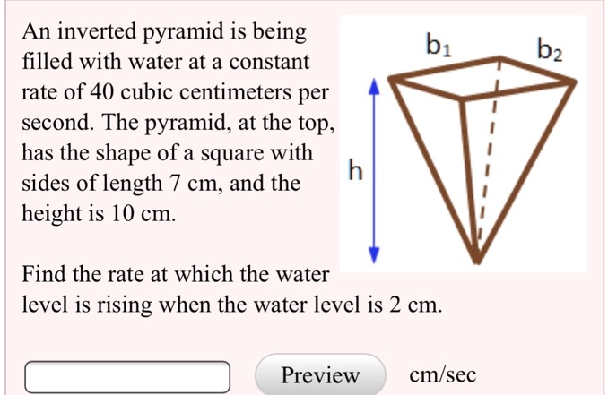 An inverted pyramid is being filled with water at a constant rate of 40 ...