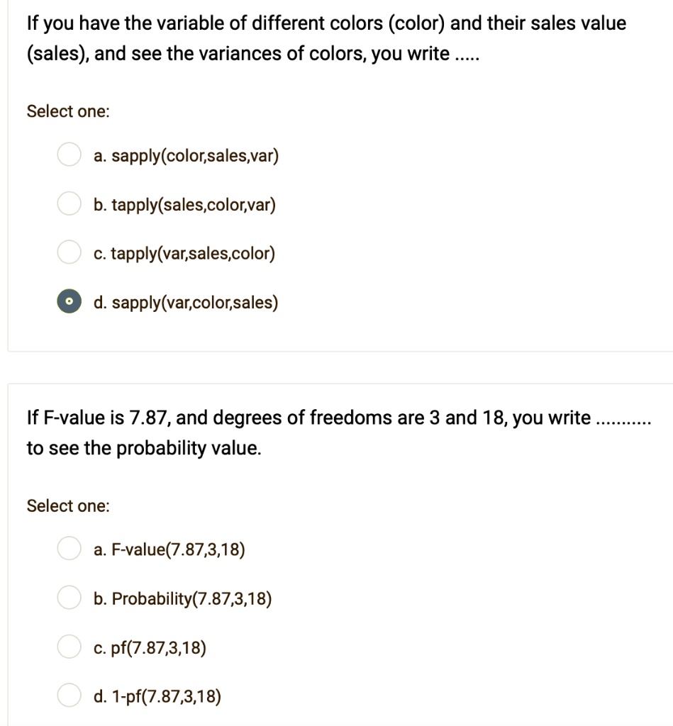 SOLVED: If you have the variables of different colors (color) and their ...