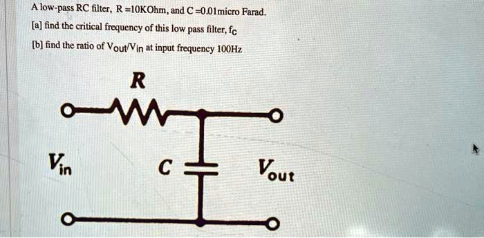 SOLVED: A low-pass RC filter,R=10KOhm,and C=0.01micro Farad. [a] find the critical frequency of ...