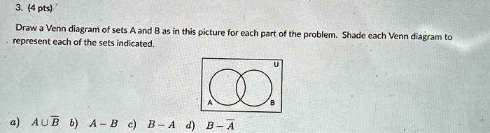 SOLVED: 3. (4 pts) Draw a Venn diagram of sets A and B as in this ...