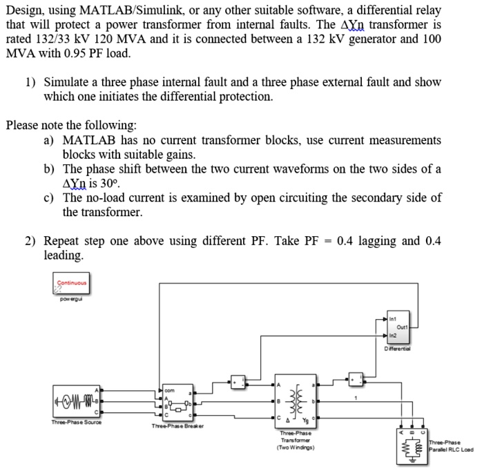 SOLVED: Design, using MATLAB/Simulink or any other suitable software, a differential relay that ...